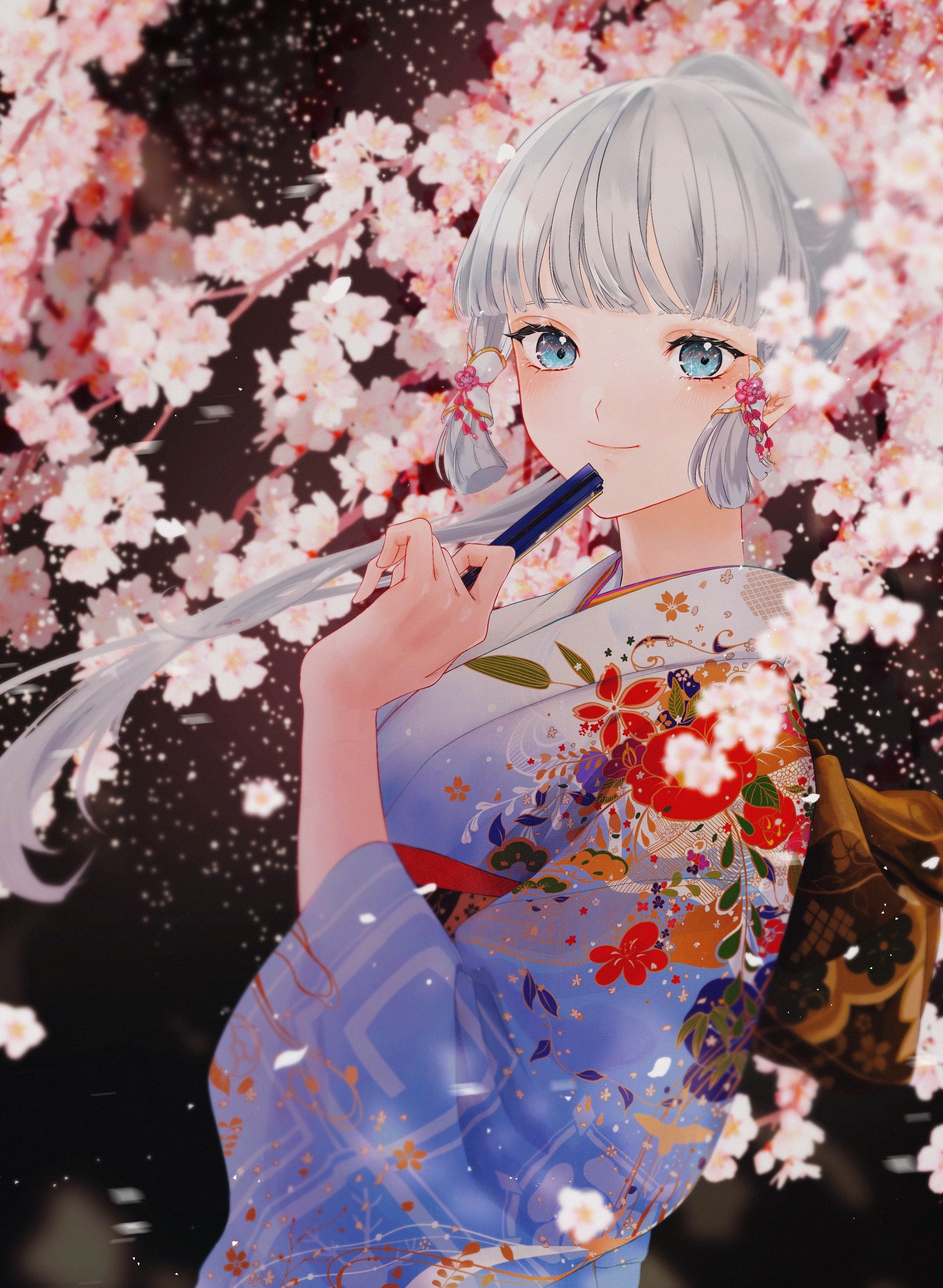 Safebooru - 1girl absurdres alternate costume arano0910 black background blue eyes blue kimono ...