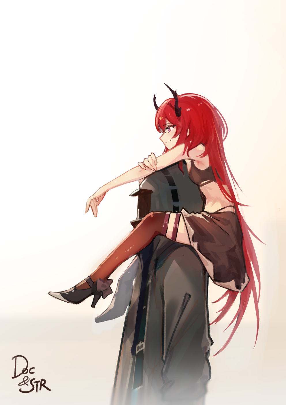 Safebooru - 1girl 1other ambiguous gender arknights black footwear black skirt black thighhighs ...