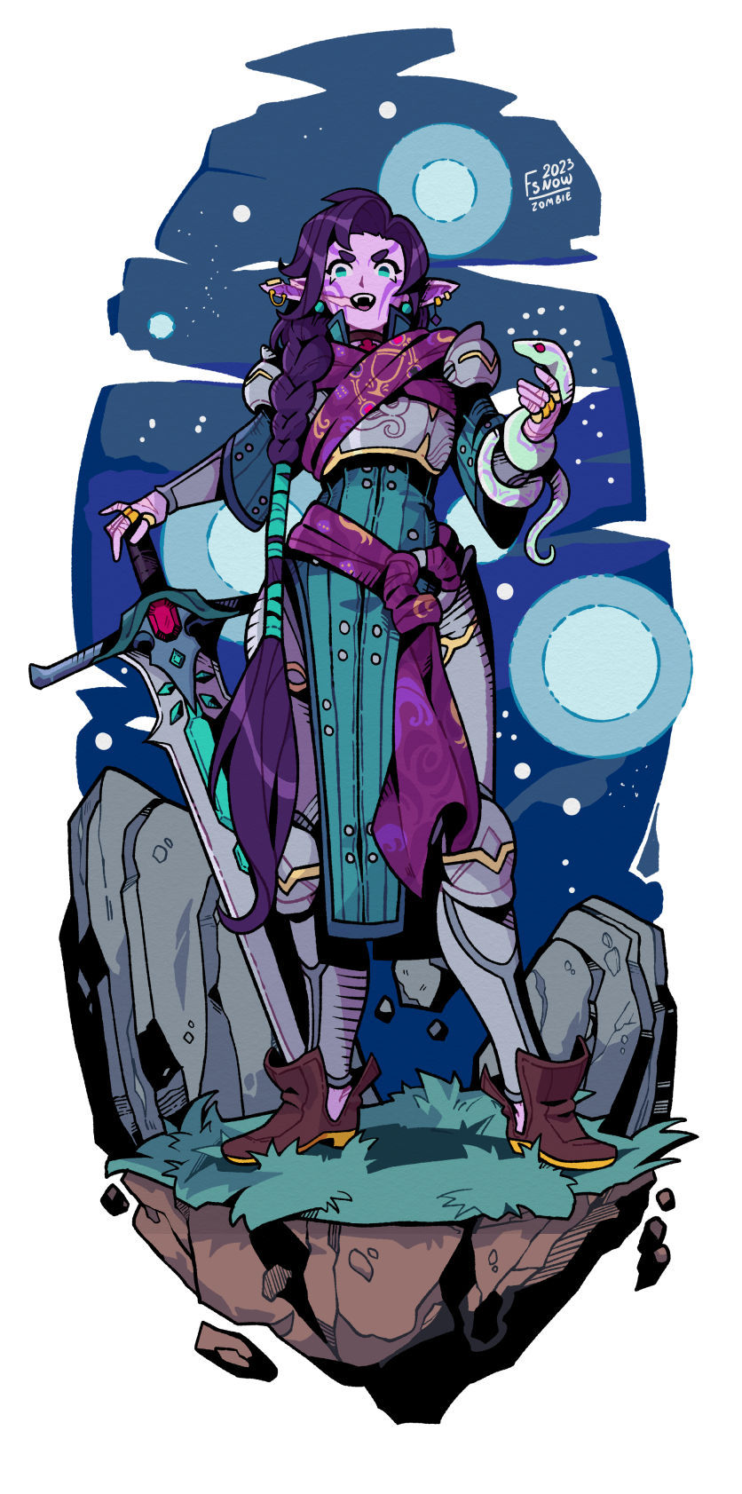 Safebooru - 1girl armor braid colored skin dated fangs fsnowzombie full ...
