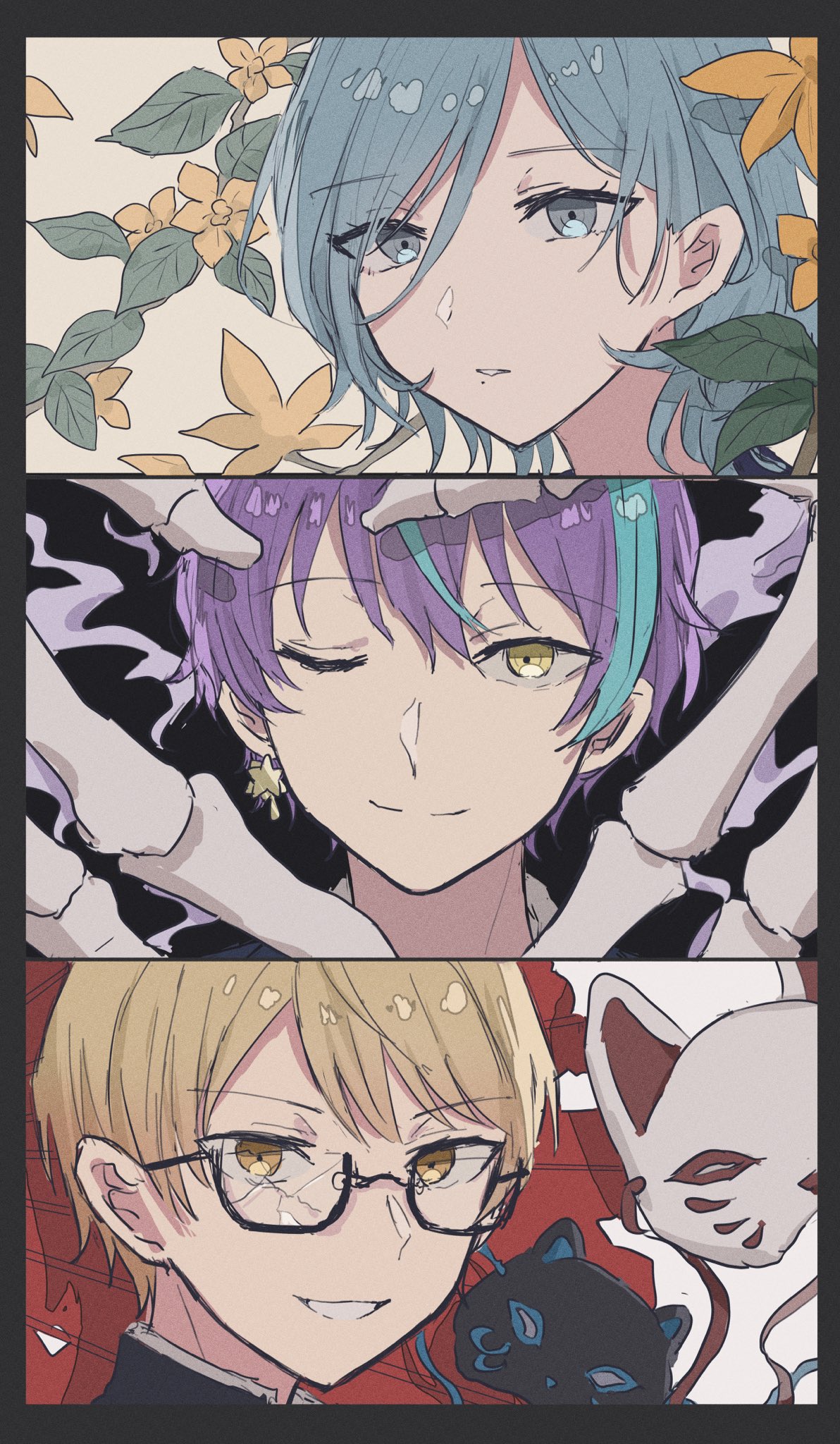 Safebooru - 1girl 2boys alt text aqua hair bespectacled blue eyes blue ...