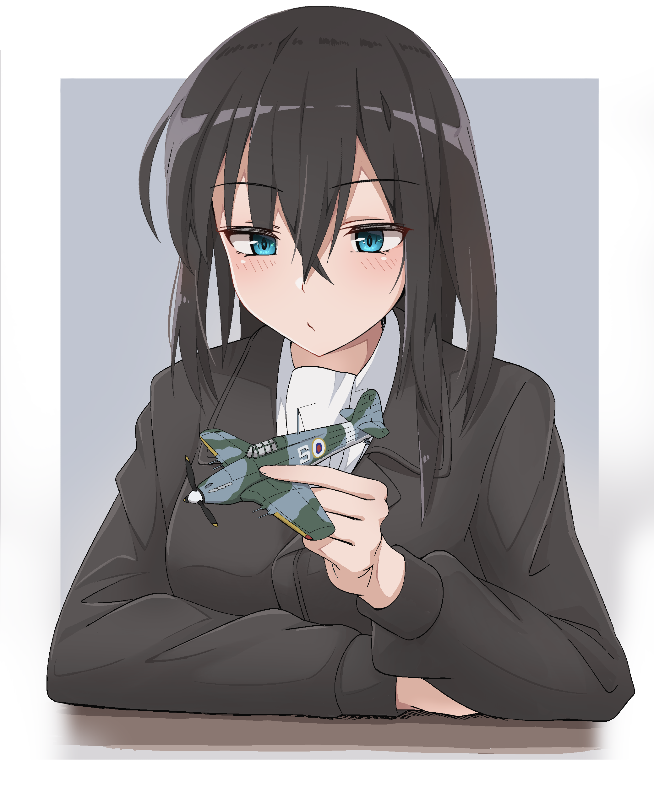 Safebooru - 1girl absurdres blue background blue eyes blush border brown coat brown hair coat ...