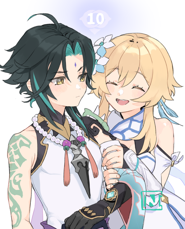 Safebooru - 1boy 1girl ahoge arm tattoo bead necklace beads black ...