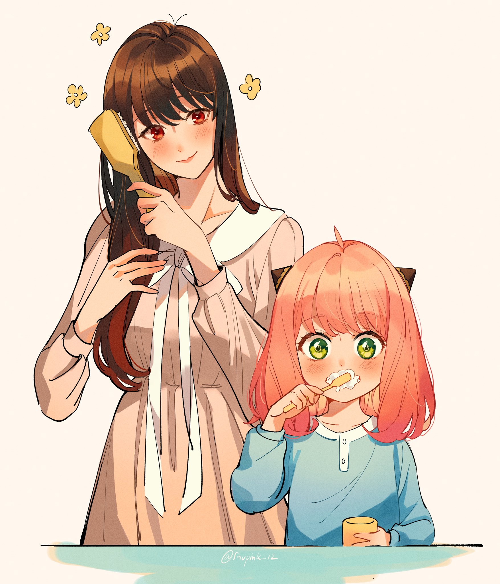 Safebooru - 2girls ahoge anya (spy x family) blue shirt blush brown hair brushing hair brushing ...