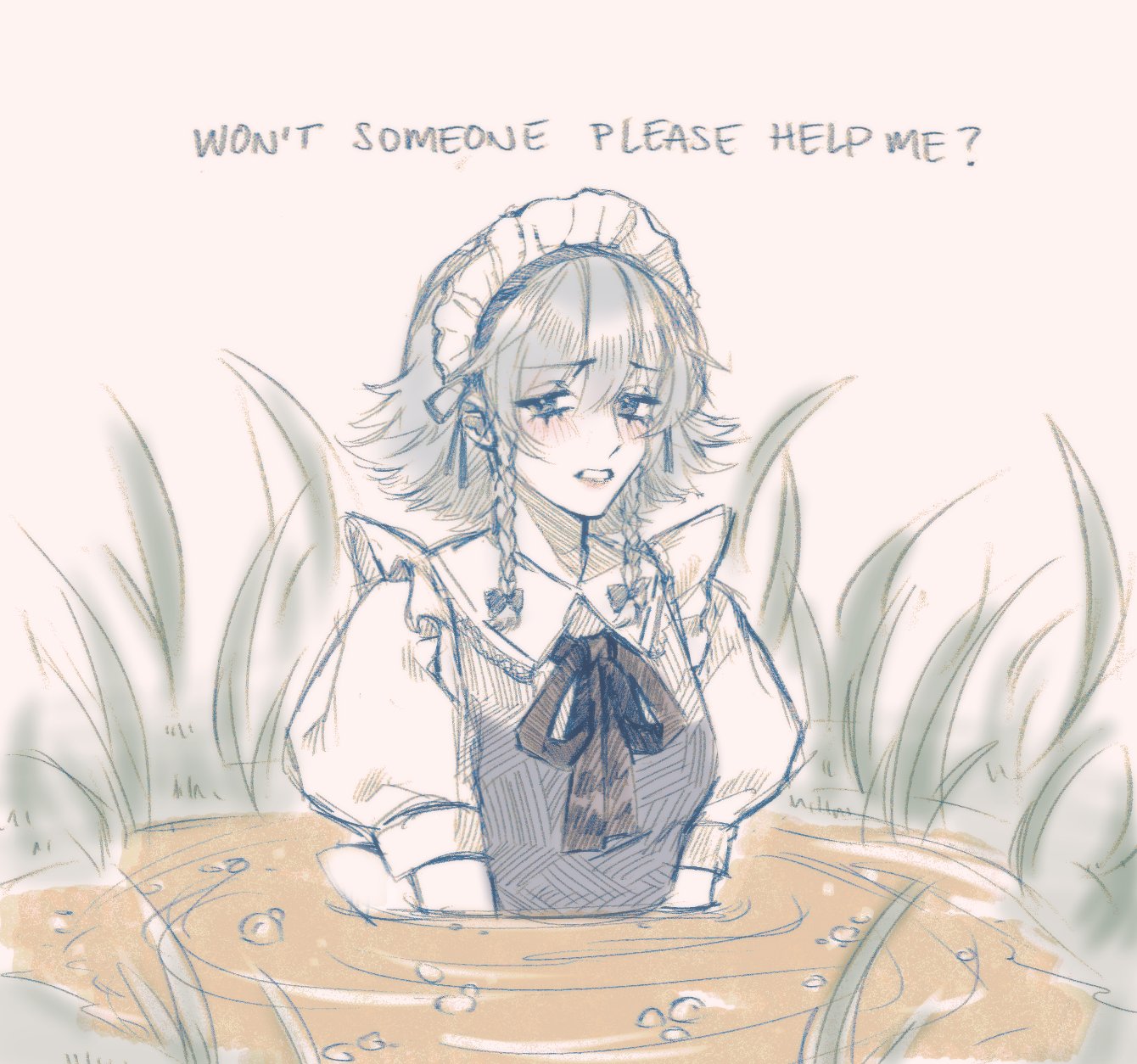 Safebooru - 1girl blue eyes bow braid dress grass grey hair highres ...