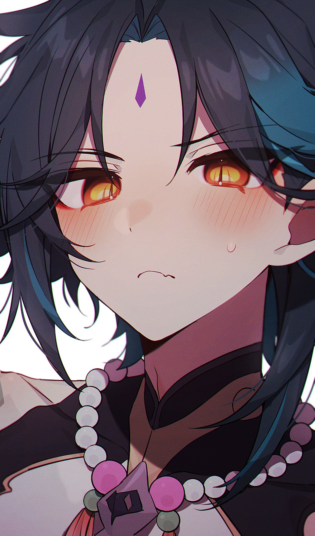 Safebooru - 1boy bead necklace beads black hair blue hair blush closed mouth coojisan facial ...