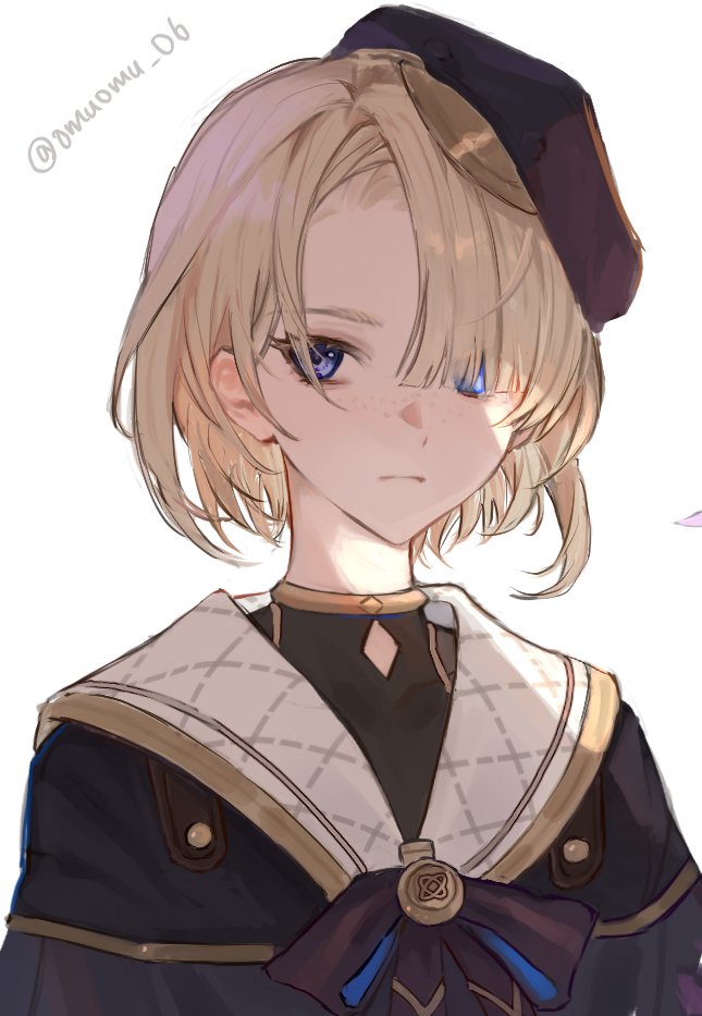 Safebooru - 1boy beret black headwear blonde hair blue eyes closed mouth freckles freminet ...