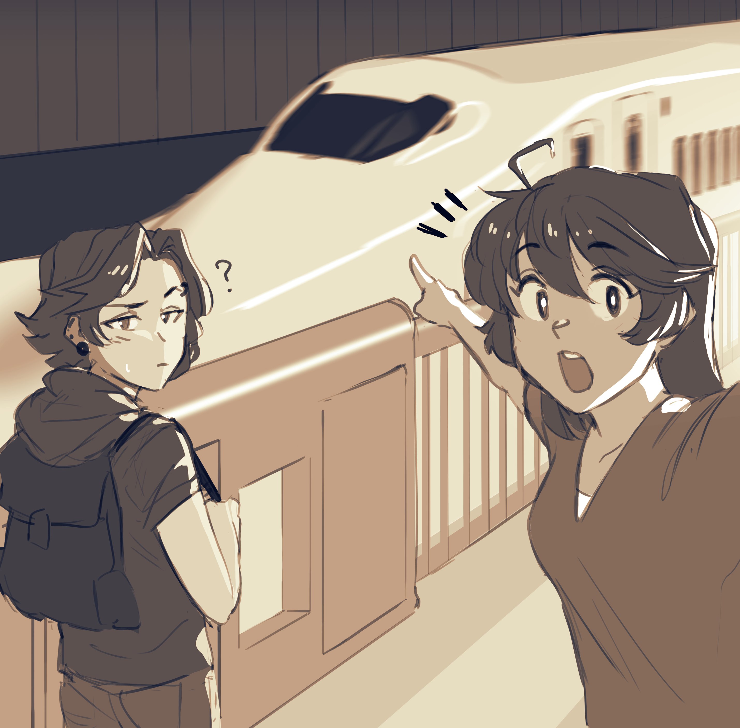 Safebooru - 2girls :o :| ? absurdres ahoge backpack bag bare arms ...