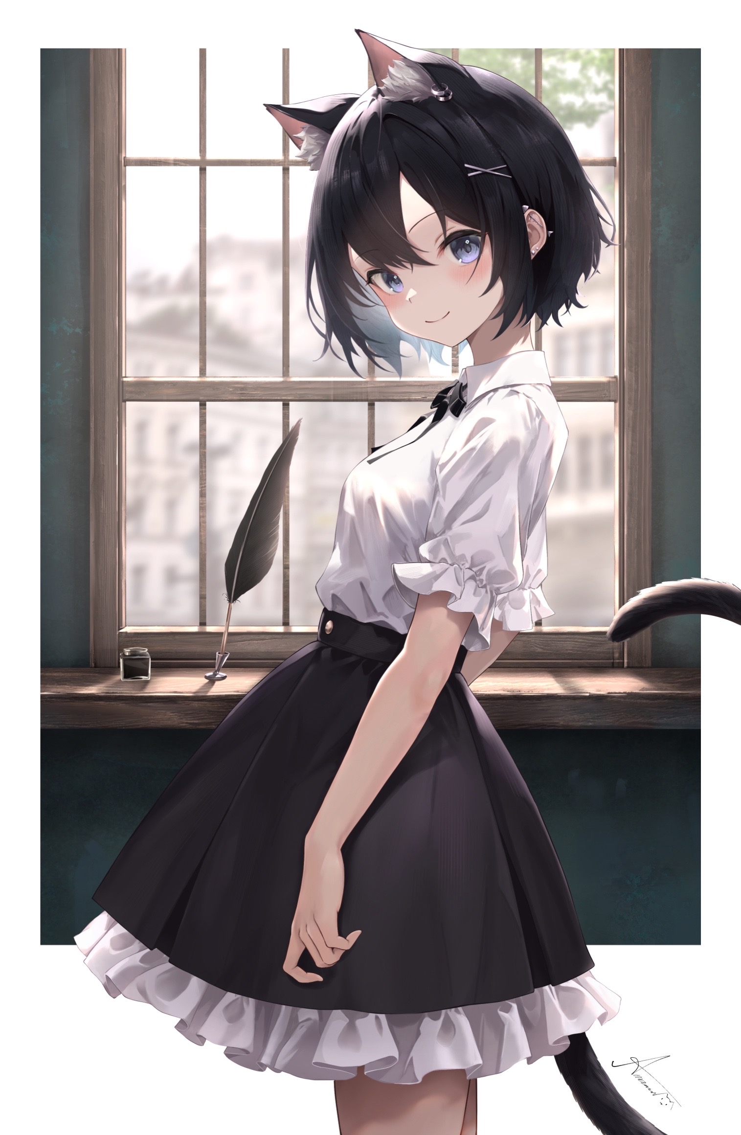 Safebooru - 1girl amanun animal ear fluff animal ears black hair black skirt blue eyes breasts ...