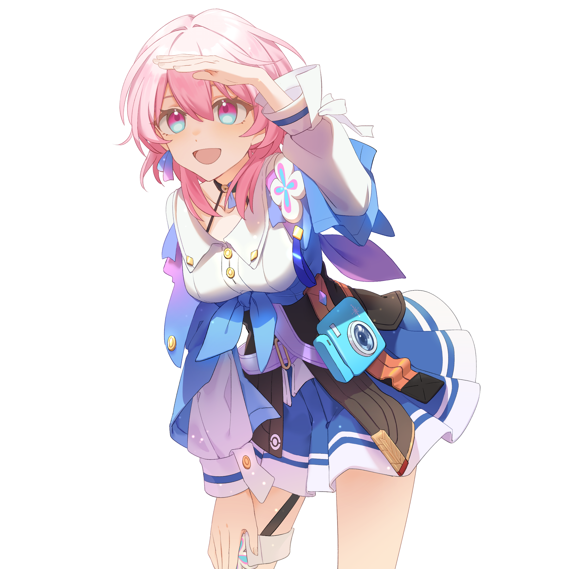 Safebooru - 1girl :d absurdres arm up black corset blue eyes blue jacket blue skirt breasts ...