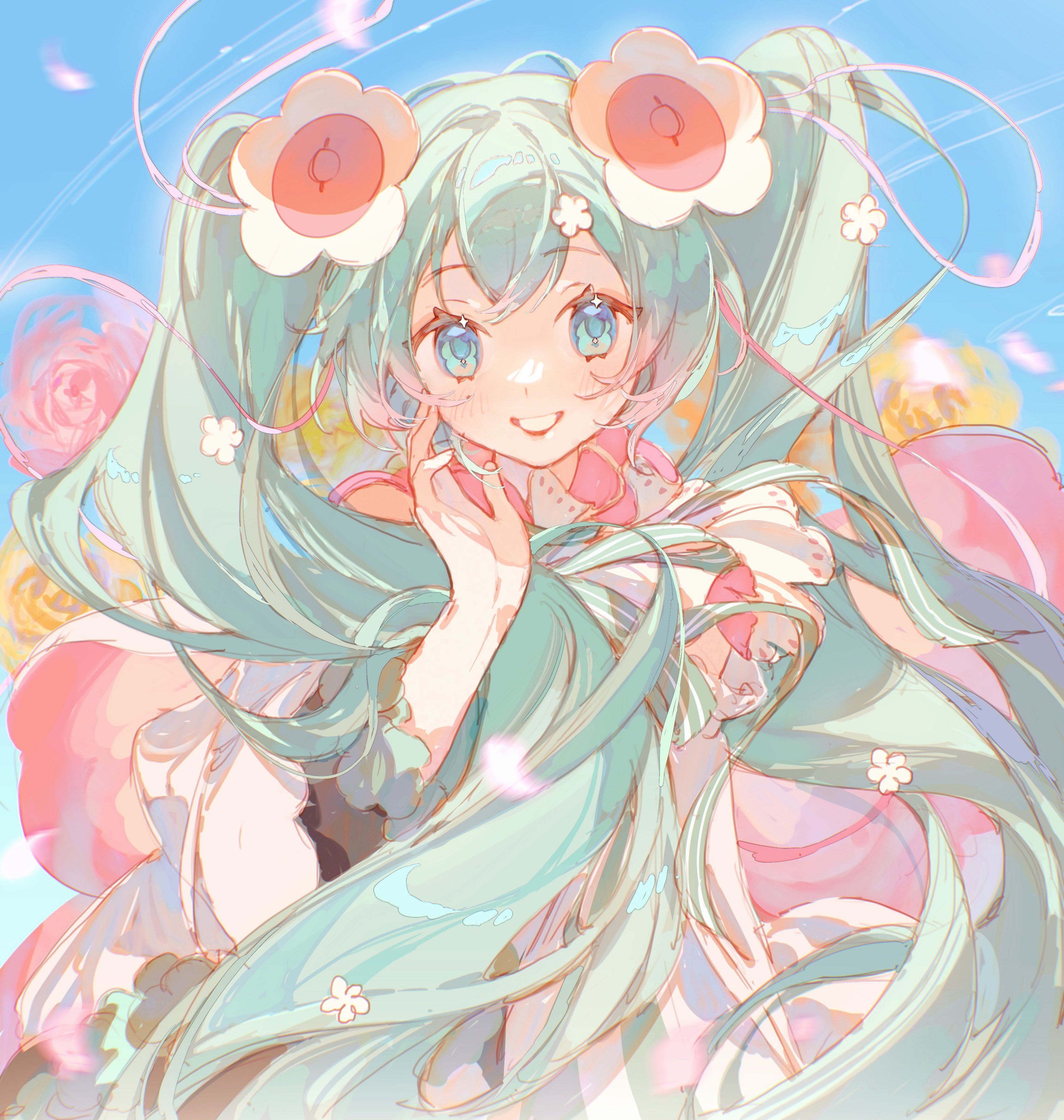 Safebooru - 1girl absurdres aqua eyes aqua hair black shirt blue background blush flower genshin ...