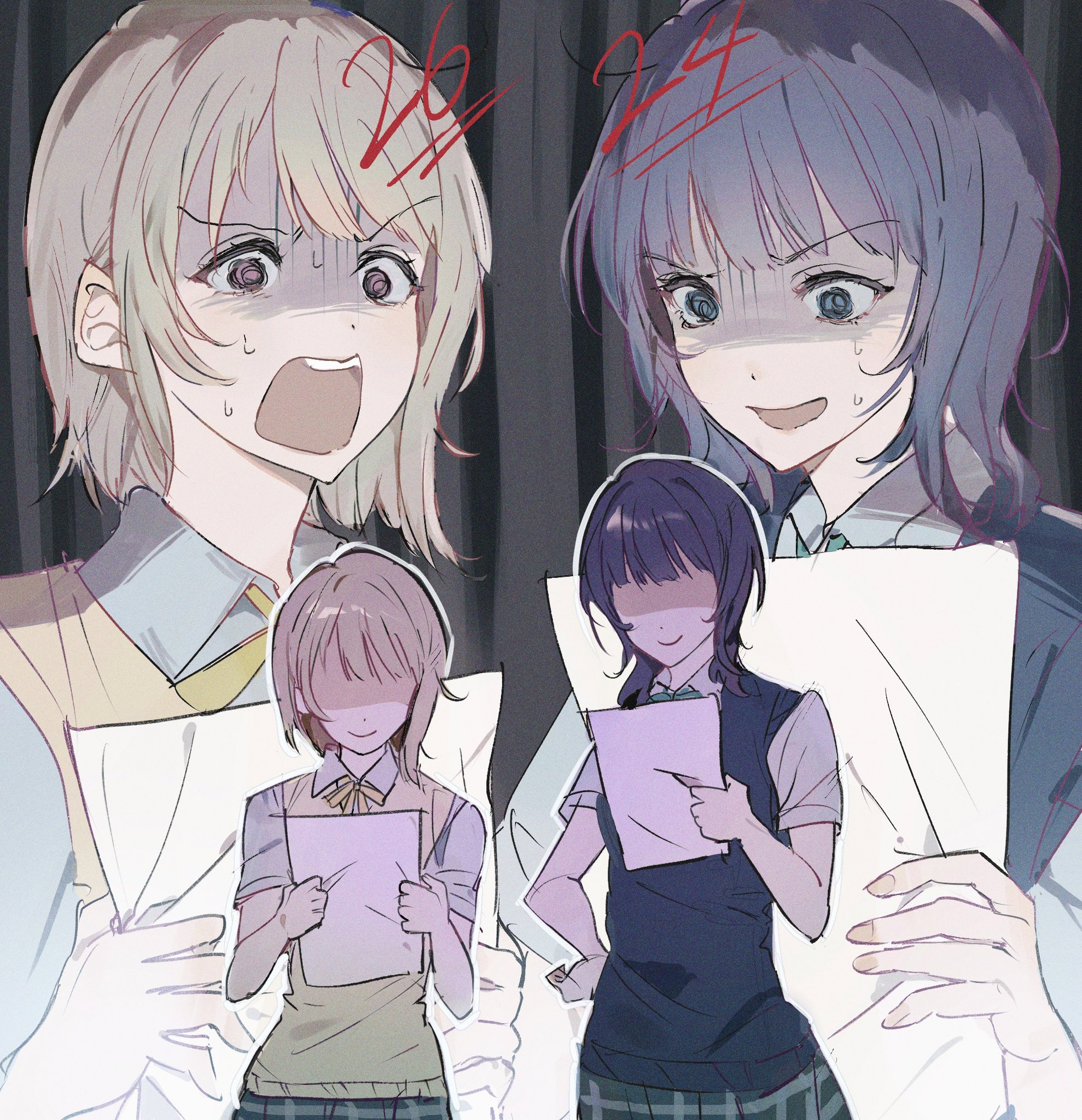 Safebooru - 2girls asaka karin asymmetrical hair blue shirt blue vest cardigan collared shirt ...