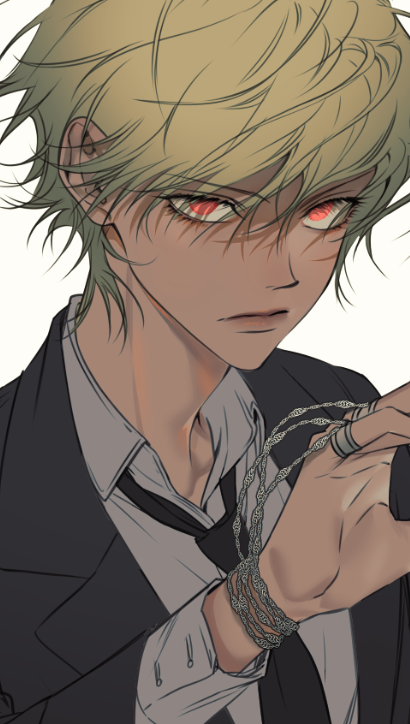 Safebooru - 1other androgynous black suit blonde hair chain collared shirt formal hun pang3321 ...