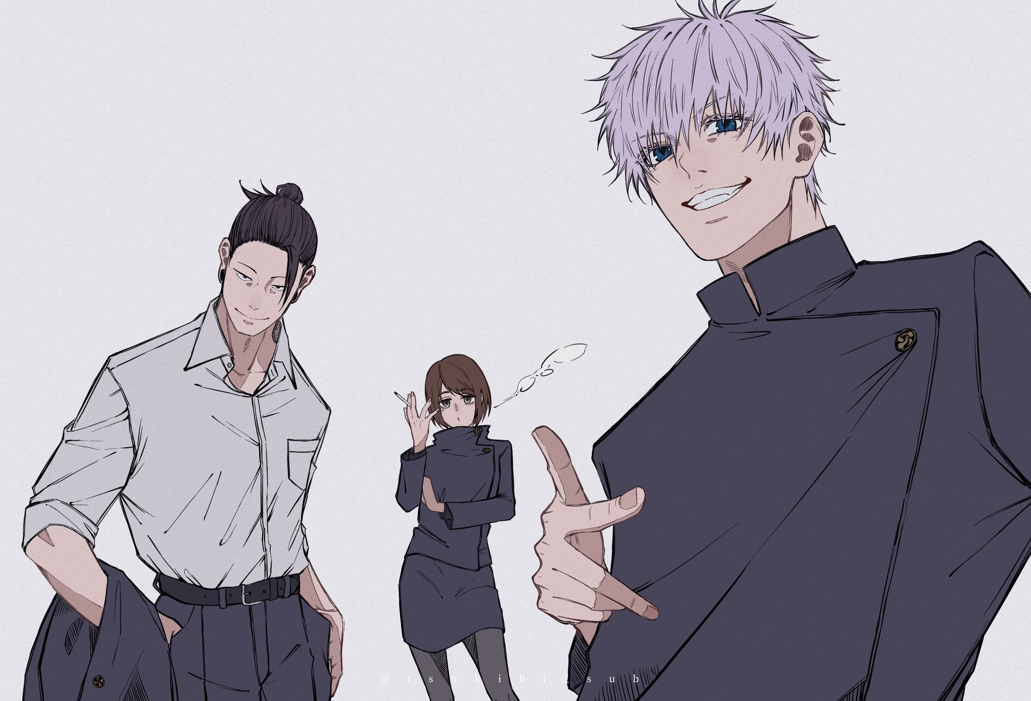 Safebooru - 1girl 2boys belt black belt black hair black jacket black ...