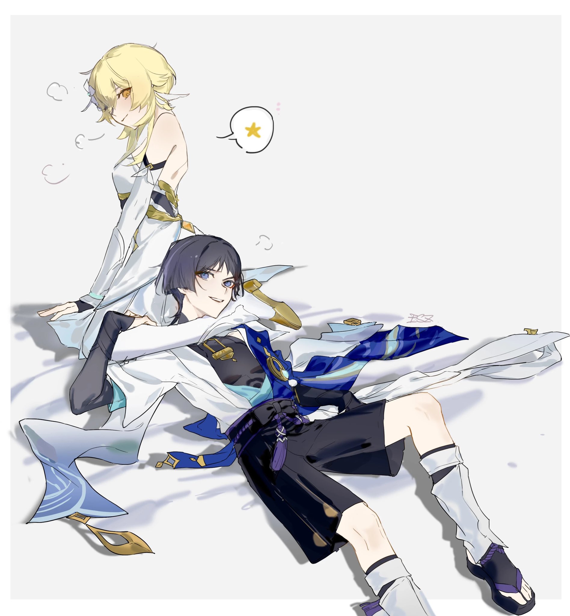 Safebooru - 1boy 1girl bare shoulders blonde hair blue eyes blue hair couple dress esz (bzsaro01 ...
