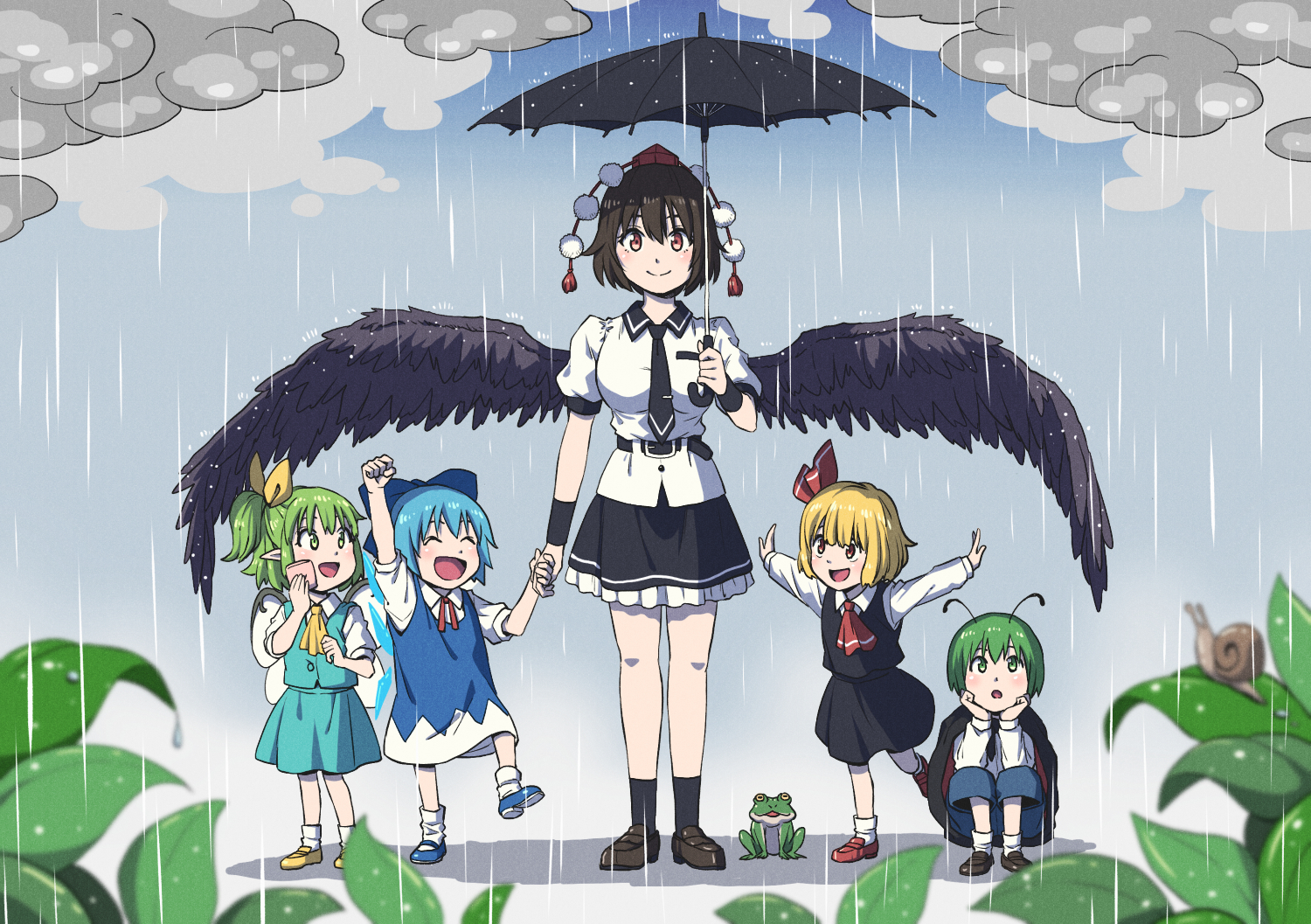 Safebooru - 5girls animal antennae aqua skirt aqua vest ascot bird wings black hair black skirt ...