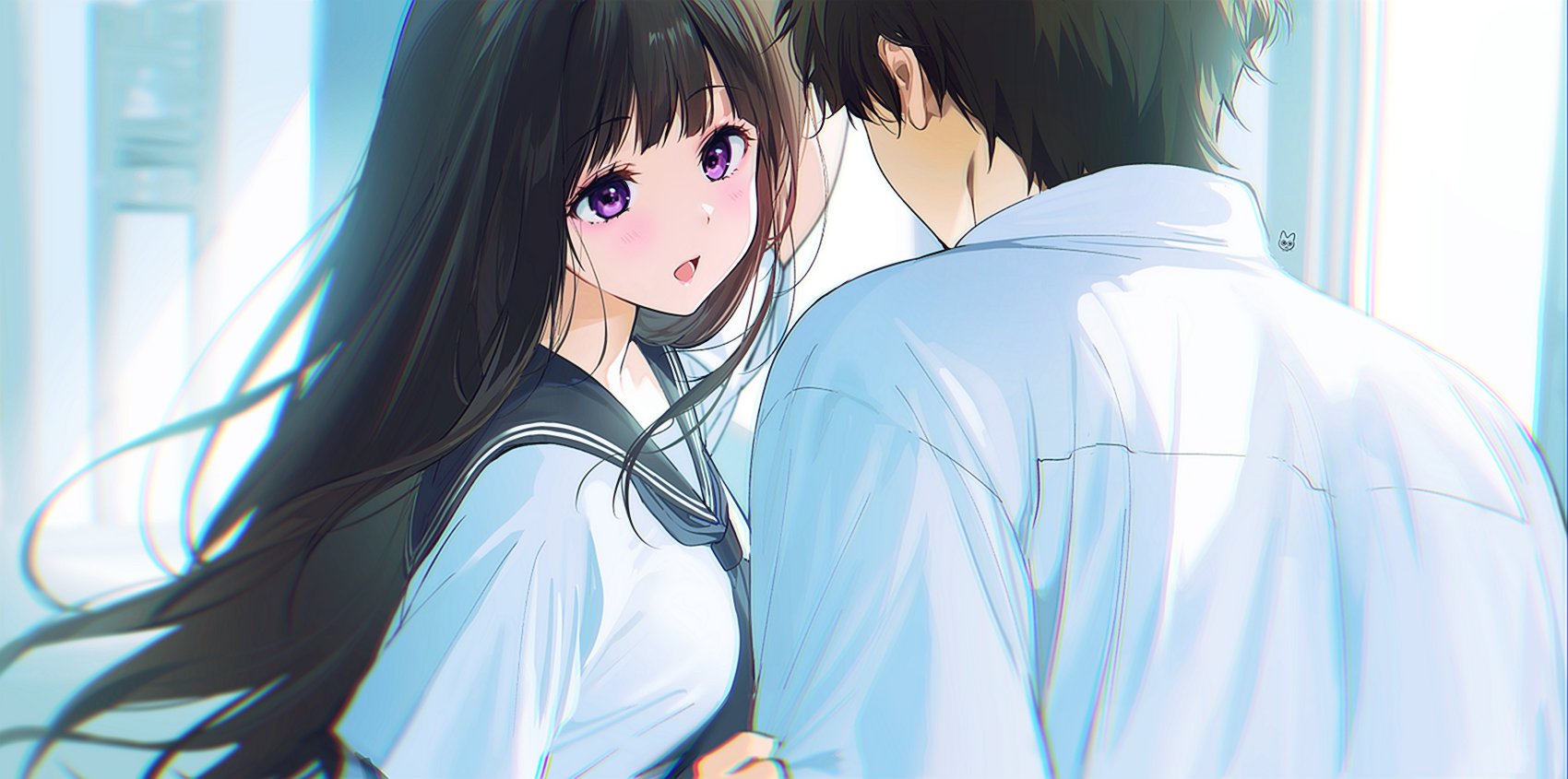 Safebooru - 1boy 1girl :o artist logo black hair black sailor collar blush brown hair chitanda ...