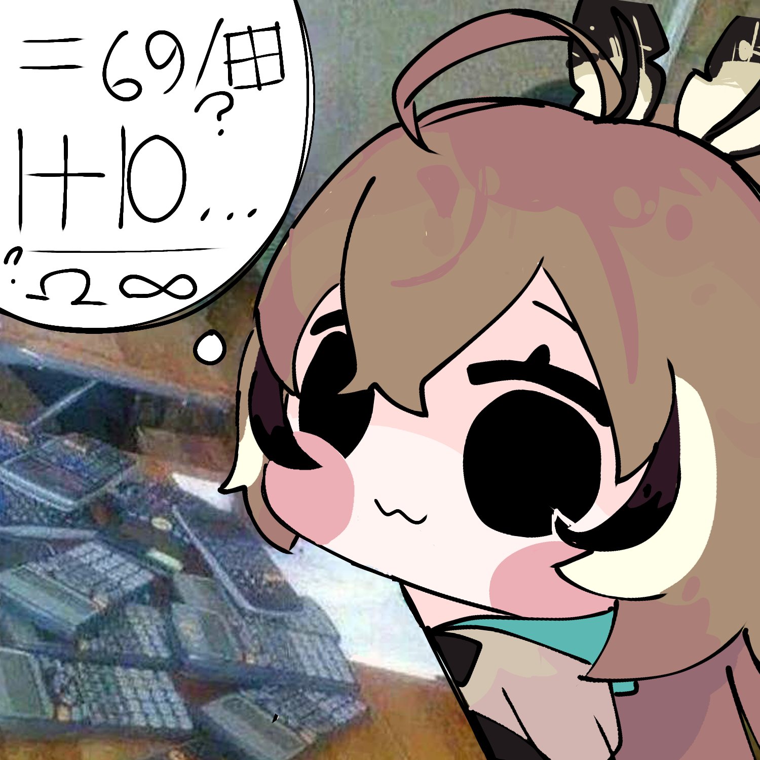 Safebooru - 1girl 69 (meme) :3 ahoge black eyes blush stickers brown ...