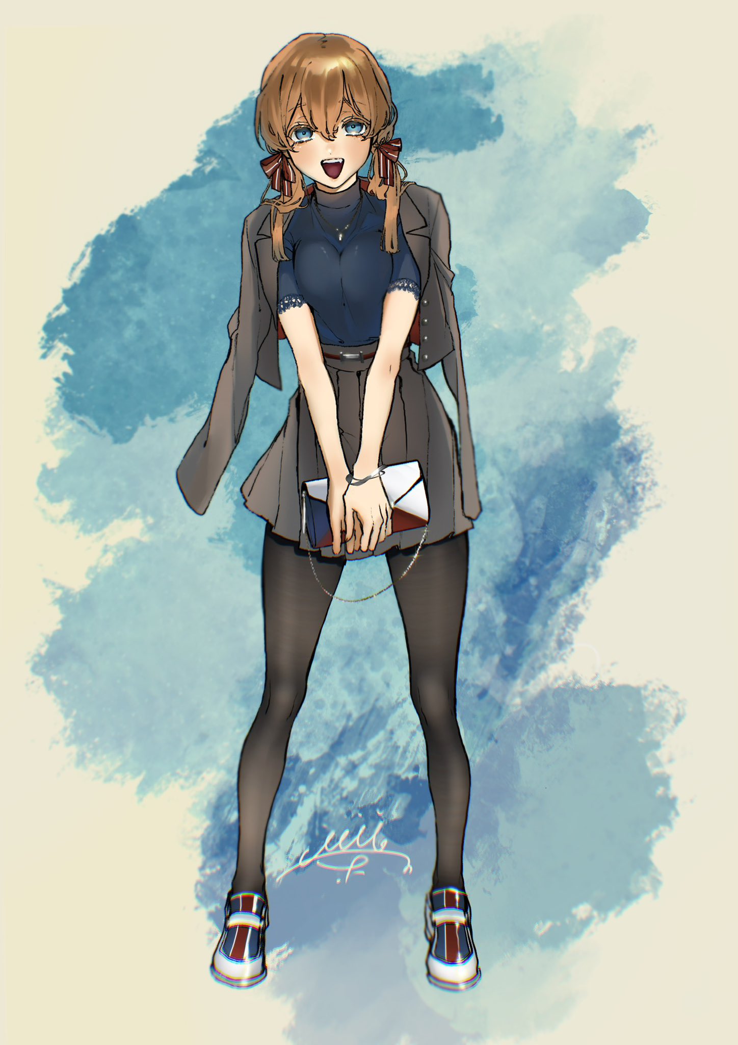 Safebooru - 1girl alternate costume aqua eyes bag black pantyhose blonde hair commentary request ...