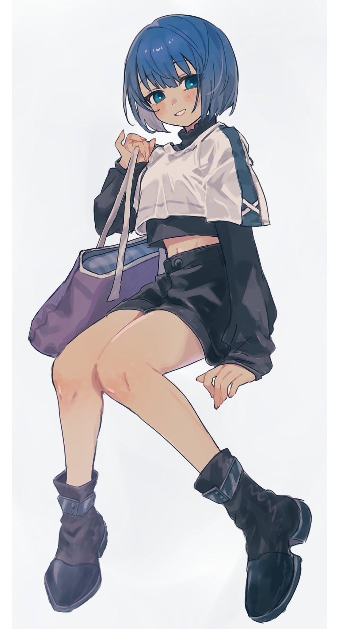 Safebooru - 1girl bag black footwear black shirt black shorts blue eyes blue hair blush boots ...