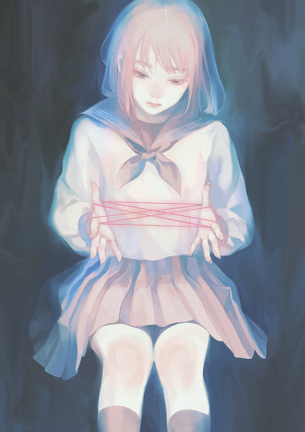 Safebooru - 1girl black socks blue necktie blue sailor collar blue skirt brown hair cat's cradle ...