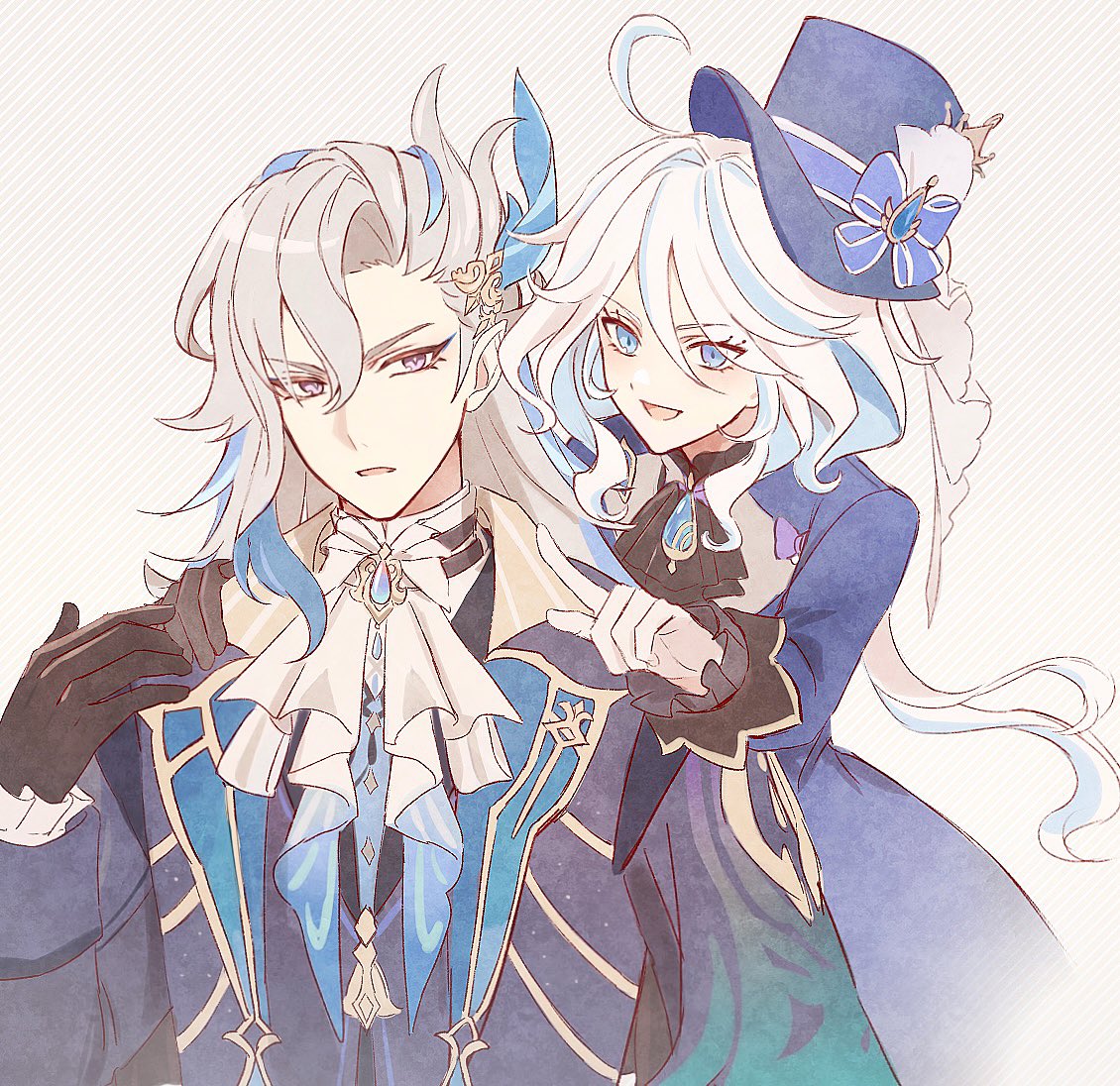 Safebooru - 1boy 1girl ahoge ascot black ascot black gloves blue eyes blue gemstone blue hair ...