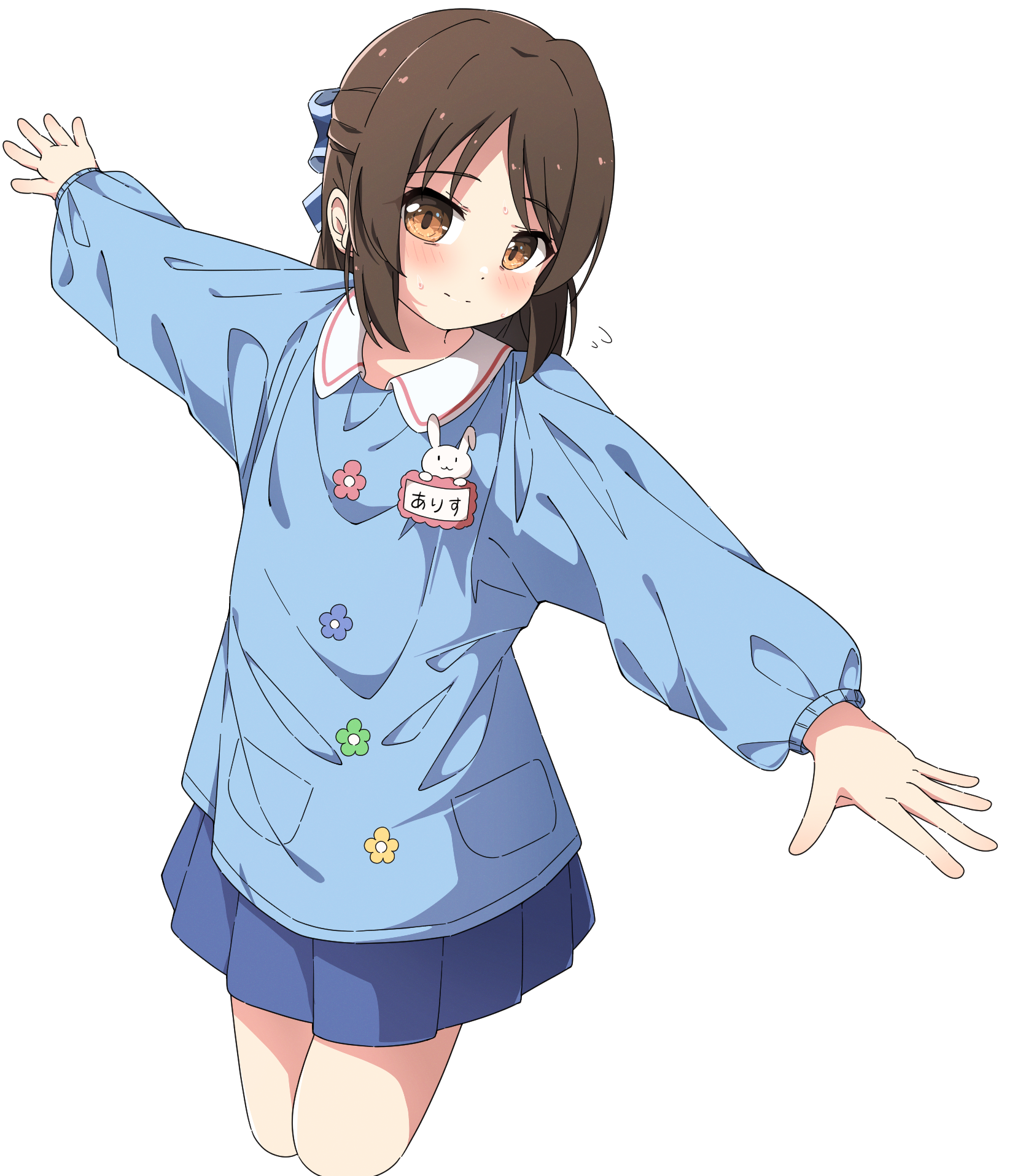 Safebooru - 1girl alternate costume blue dress blue skirt blush brown hair cropped legs dress ...