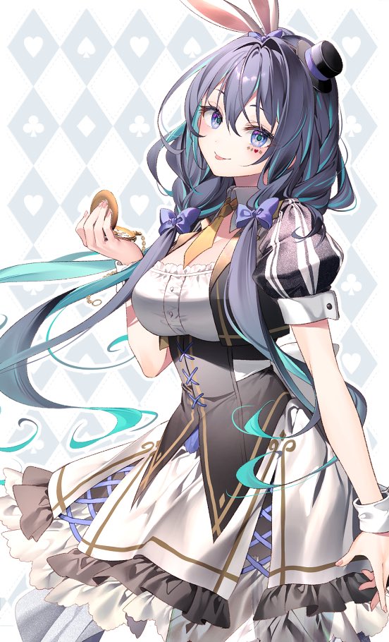 Safebooru - 1girl alice in wonderland animal ears aqua hair arm up black hair black headwear bow ...