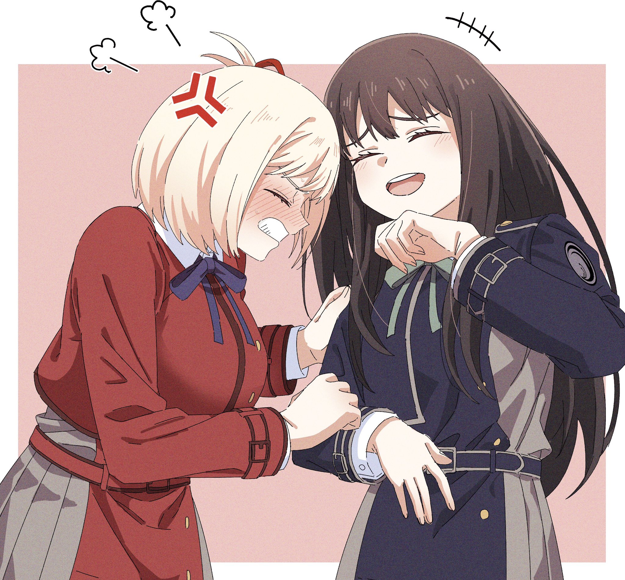 Safebooru - 2girls anger vein aqua ribbon belt black hair blonde hair blue belt blue dress blue ...