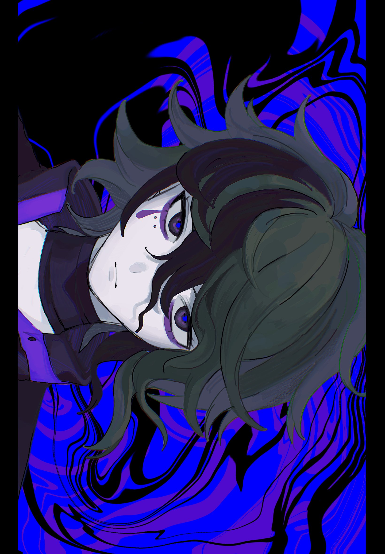 Safebooru - 1boy black background black choker black jacket blue background choker closed mouth ...