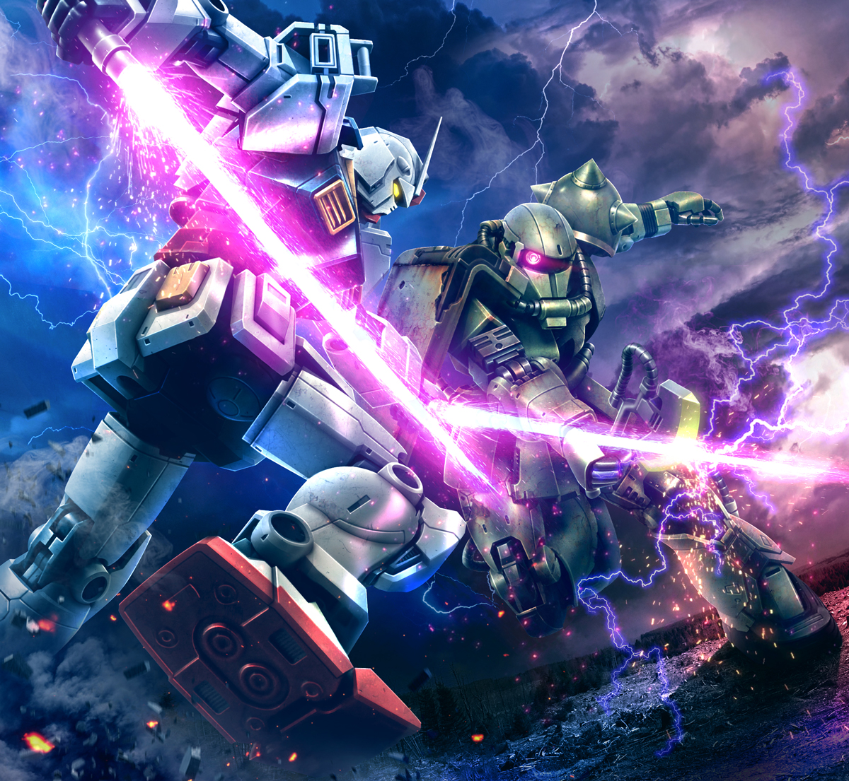 Safebooru - axe battle beam saber charging forward commentary request debris dust cloud ...