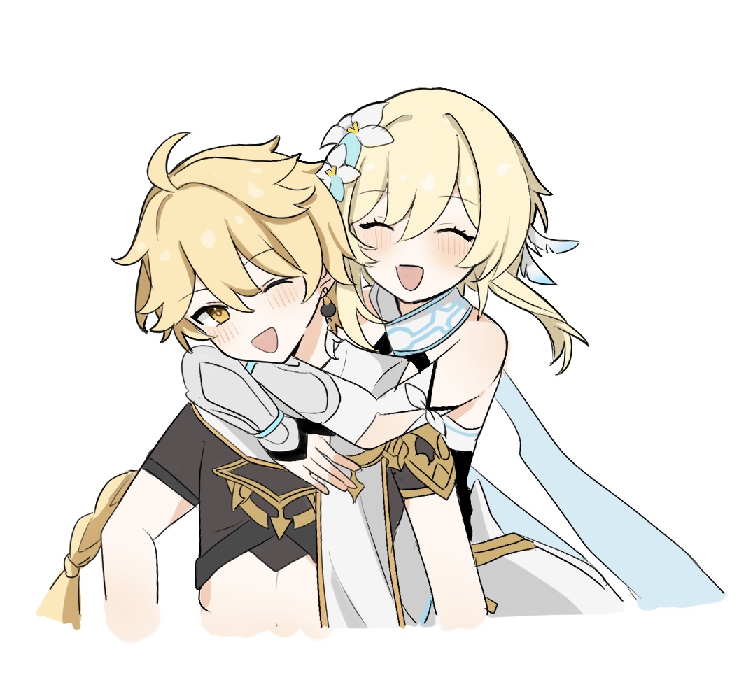 Safebooru - 1boy 1girl aether (genshin impact) ahoge arm armor bare ...