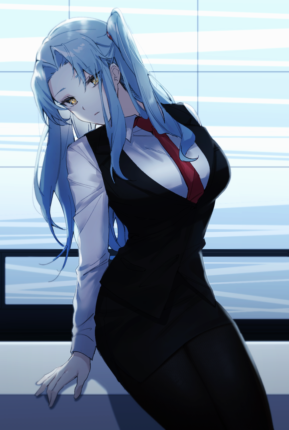 Safebooru - 1girl angela (project moon) ap5ry black pantyhose black skirt black vest blue hair ...