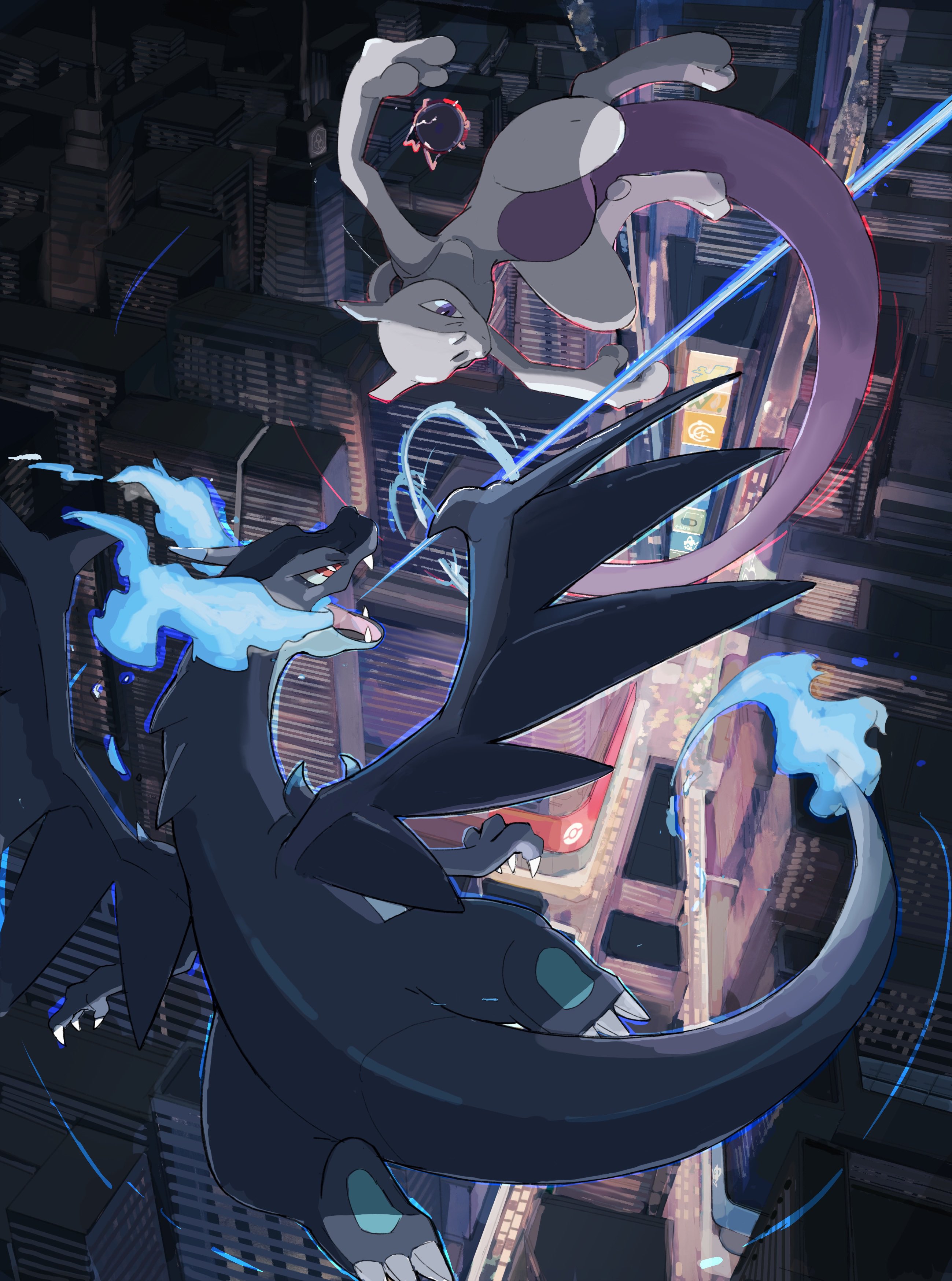 Safebooru - 2others absurdres blue fur building charizard city creature ...