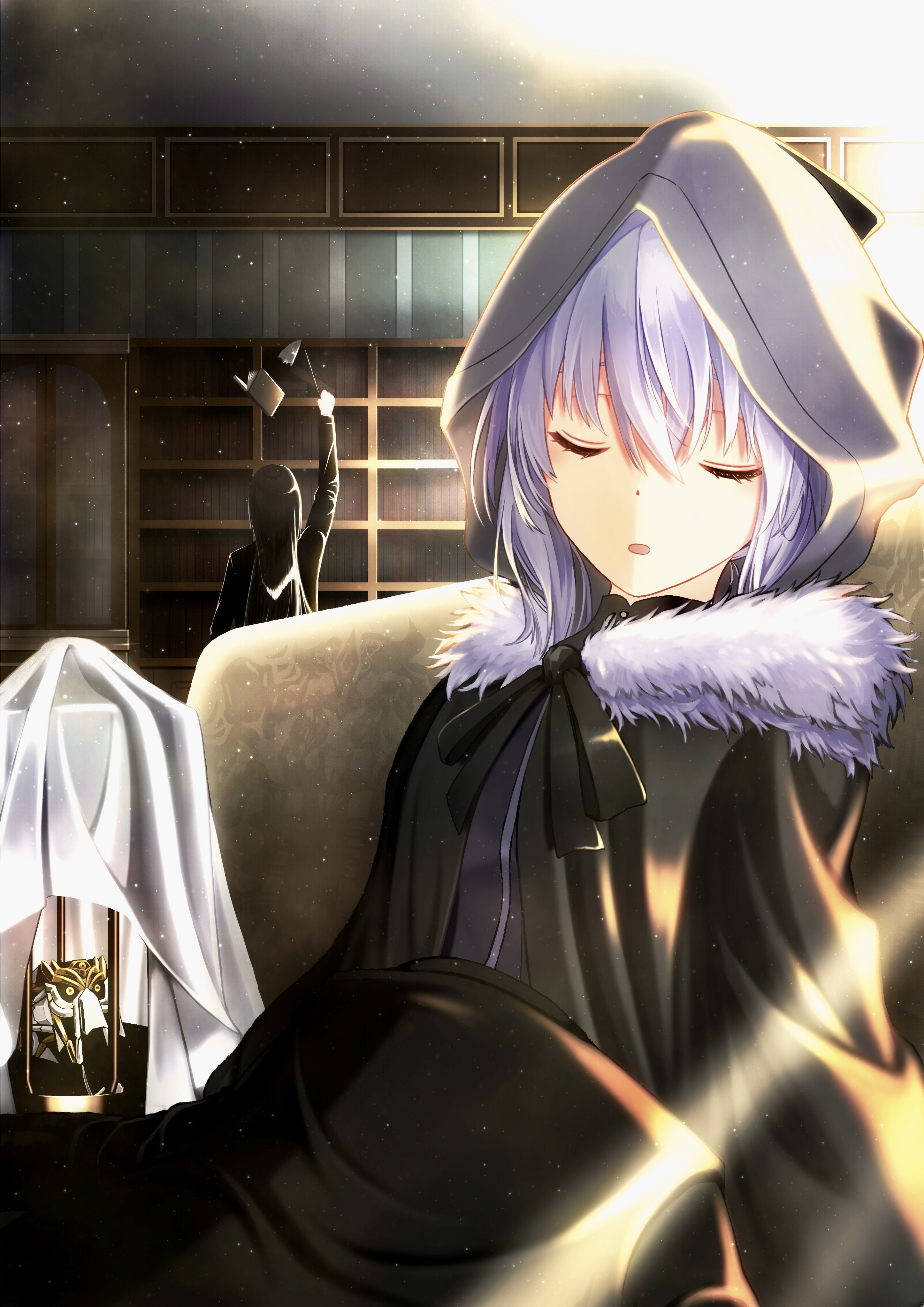 Safebooru - 1boy 1girl absurdres birdcage black cloak black ribbon book bookshelf cabinet cage ...