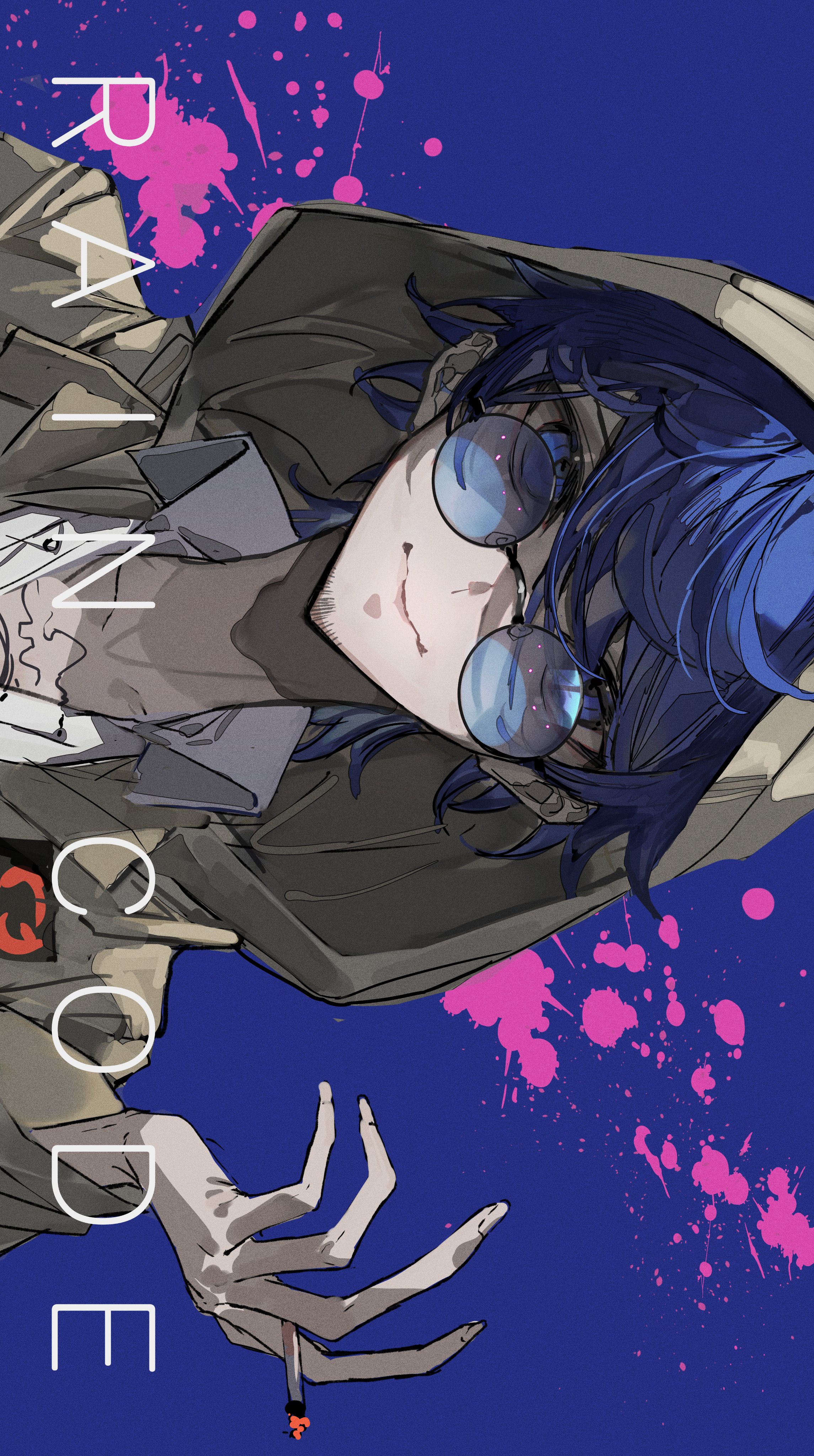 Safebooru - 1boy absurdres blood blood splatter blue-tinted eyewear blue background blue eyes ...