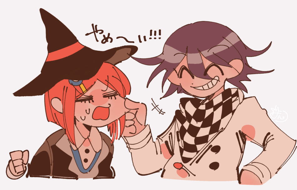 Safebooru - 1boy 1girl ^ ^ ahirumamire buttons checkered clothes checkered scarf cheek pull ...