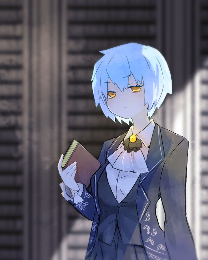 Safebooru - 1girl angela (project moon) ascot black coat black skirt black vest blue hair book ...