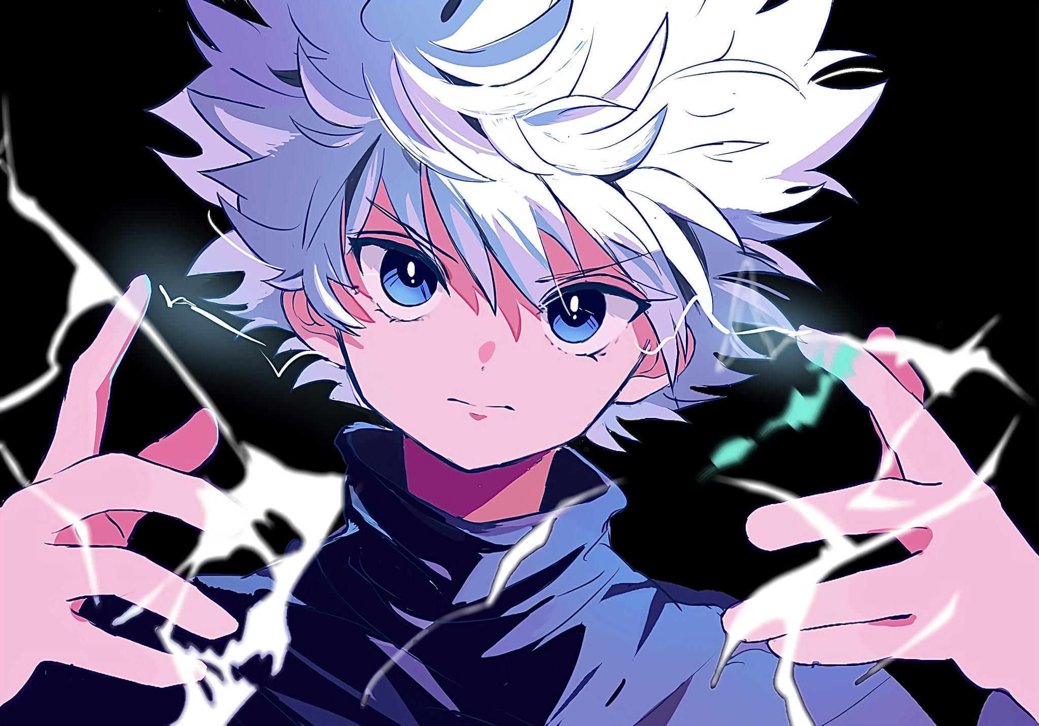 Safebooru - 1boy black background black shirt blue eyes electricity ...