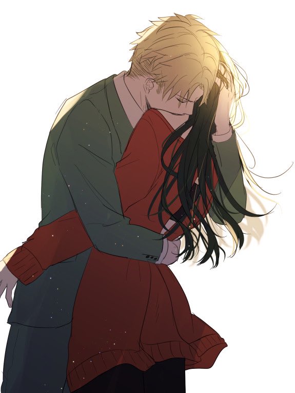 Safebooru - 1boy 1girl black hair blonde hair closed eyes green suit hetero hug husband and wife ...