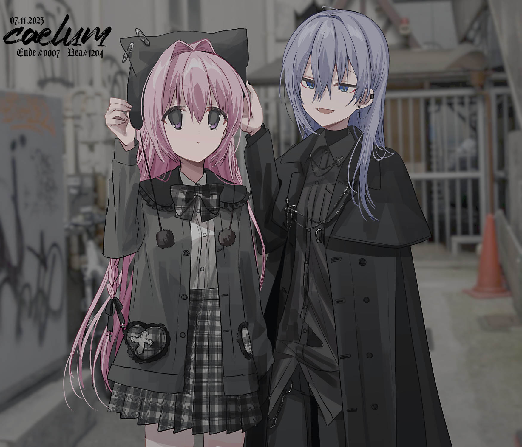 Safebooru - 2girls :d :o black coat black headwear black jacket black pants black ribbon black ...