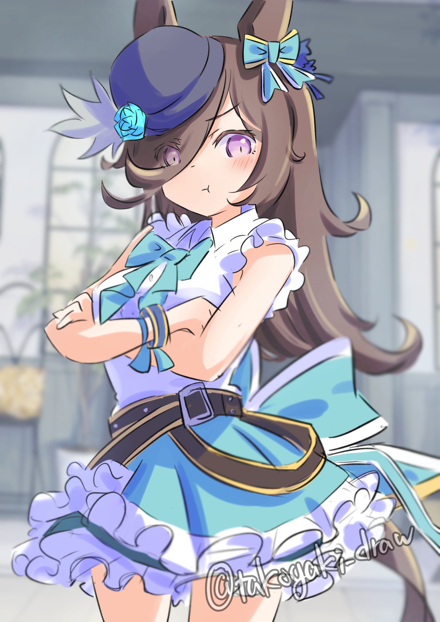 Safebooru - 1girl :t animal ears belt black belt blue bow blue flower blue headwear blue rose ...