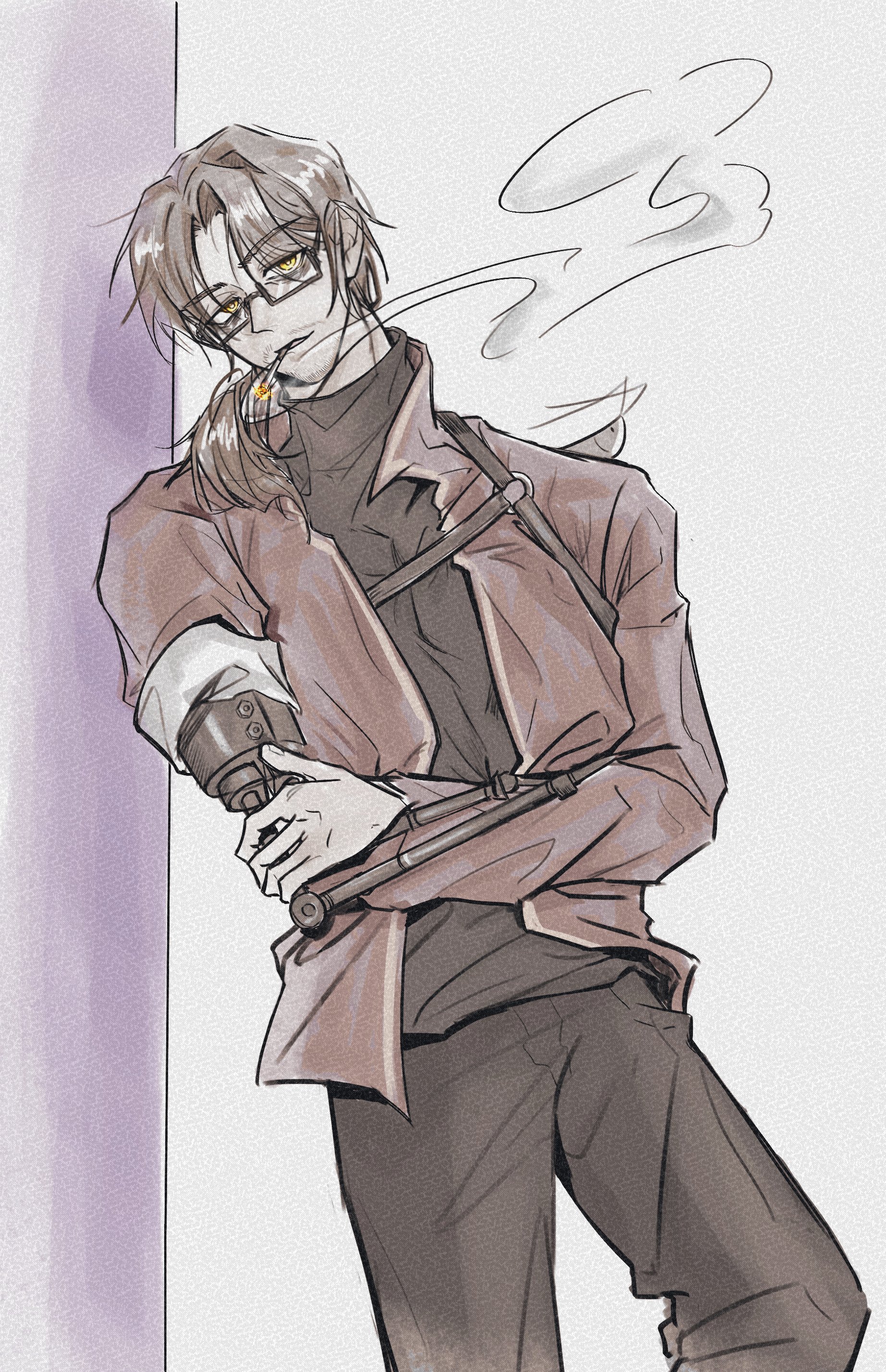 Safebooru - 0 moonn 1boy absurdres brown hair cigarette crossed arms facial hair glasses gregor ...