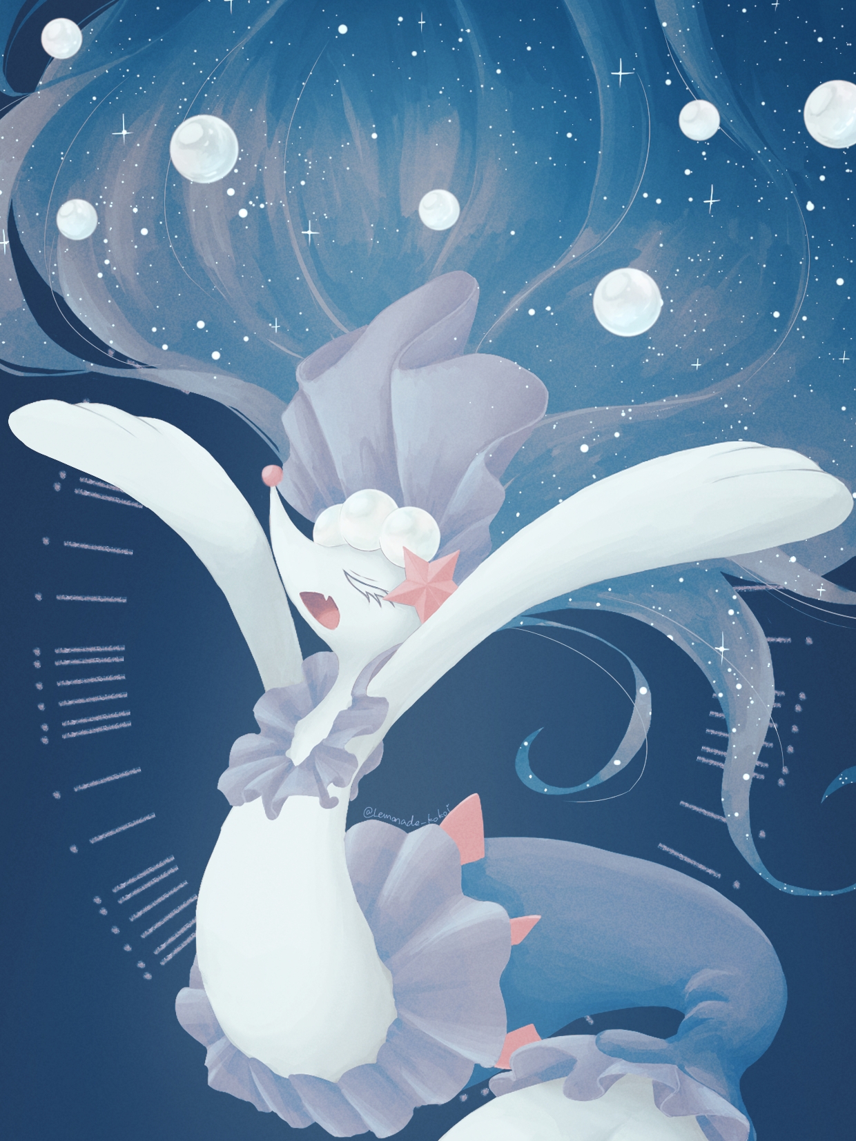 Safebooru - 1girl animal hands animal nose arms up artist name big hair blue background blue ...