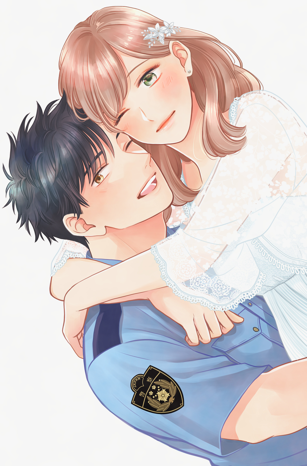 Safebooru - 1boy 1girl ;d akiyama momiji black hair blue shirt brown hair dress flower hair ...