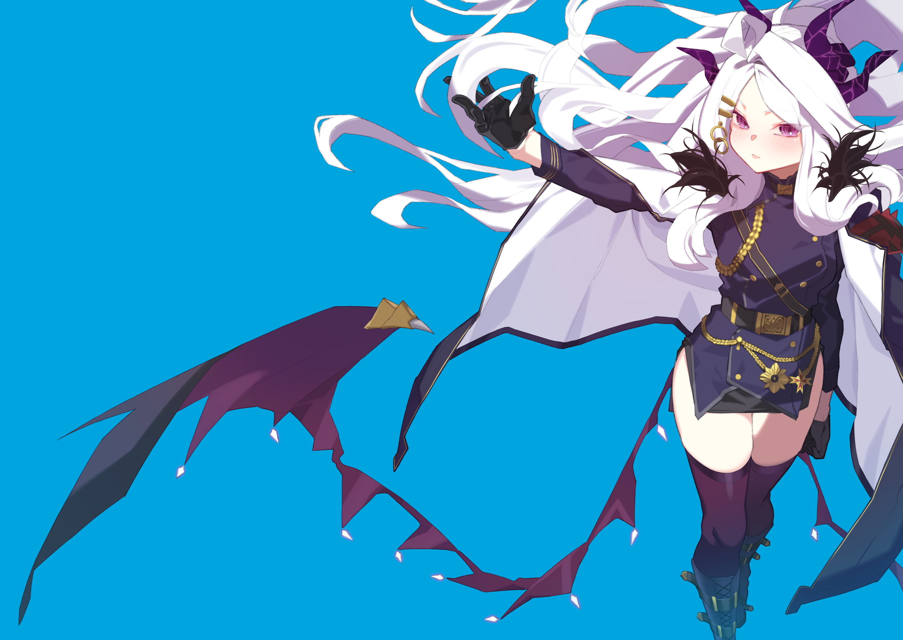 Safebooru - 1girl ahoge arm up belt black coat black gloves black skirt black thighhighs blue ...