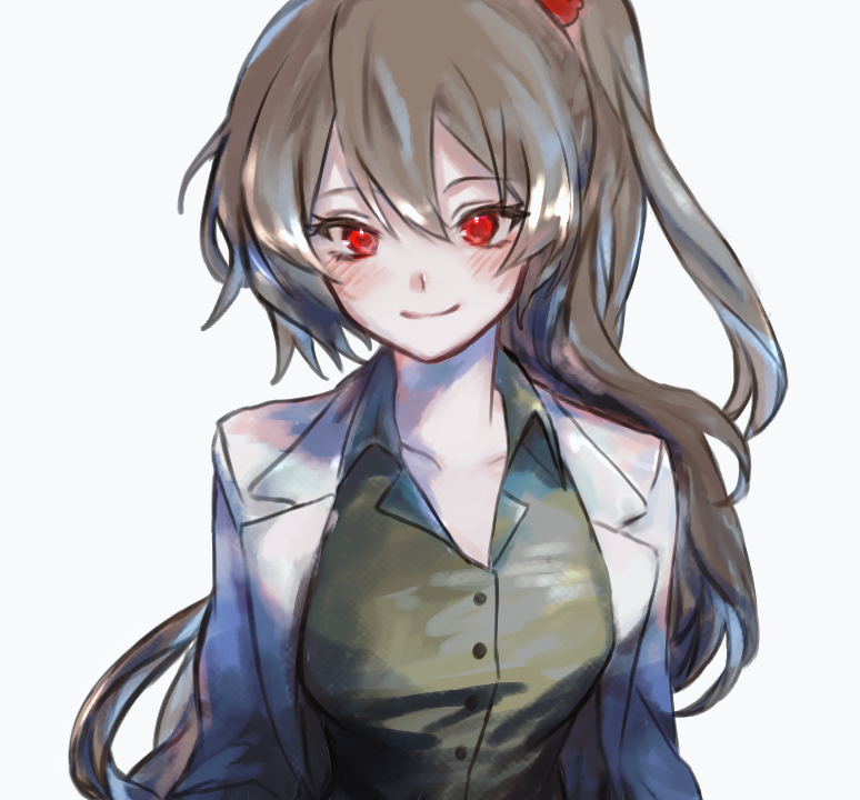 Safebooru - 1girl blush brown hair buttons carmen (project moon) closed mouth coat collared ...