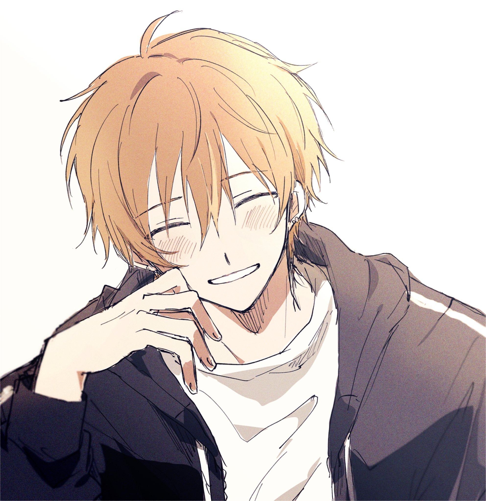 Safebooru - 1boy black jacket blonde hair blush closed eyes commentary drawstring earrings ...