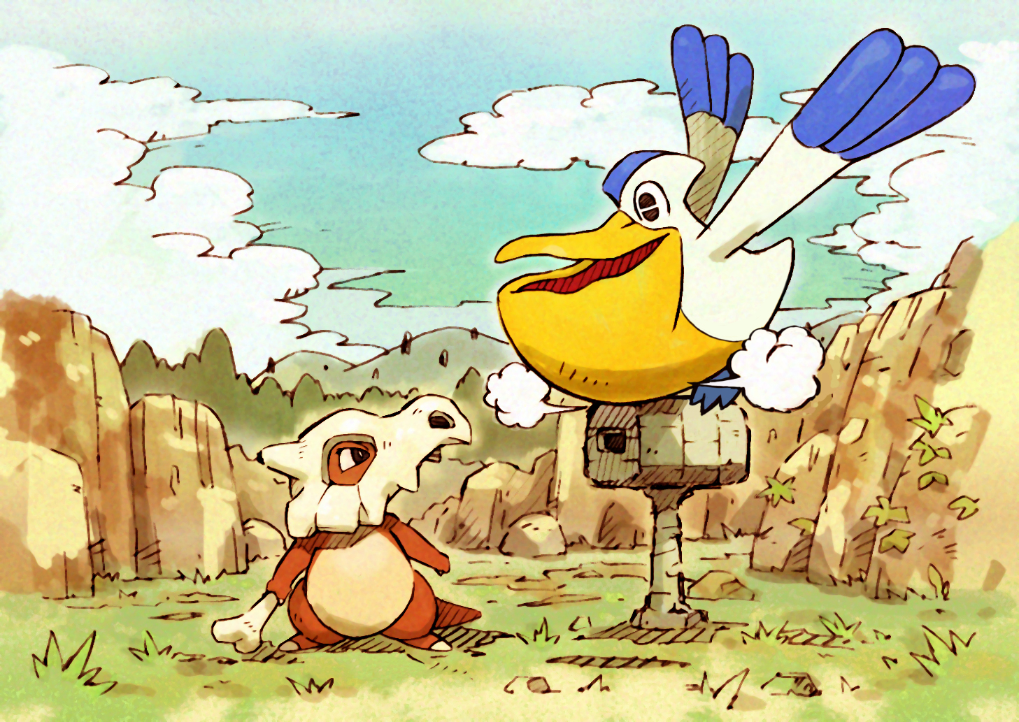 Safebooru - blue sky bone clouds cubone fushigi no dungeon grass ...