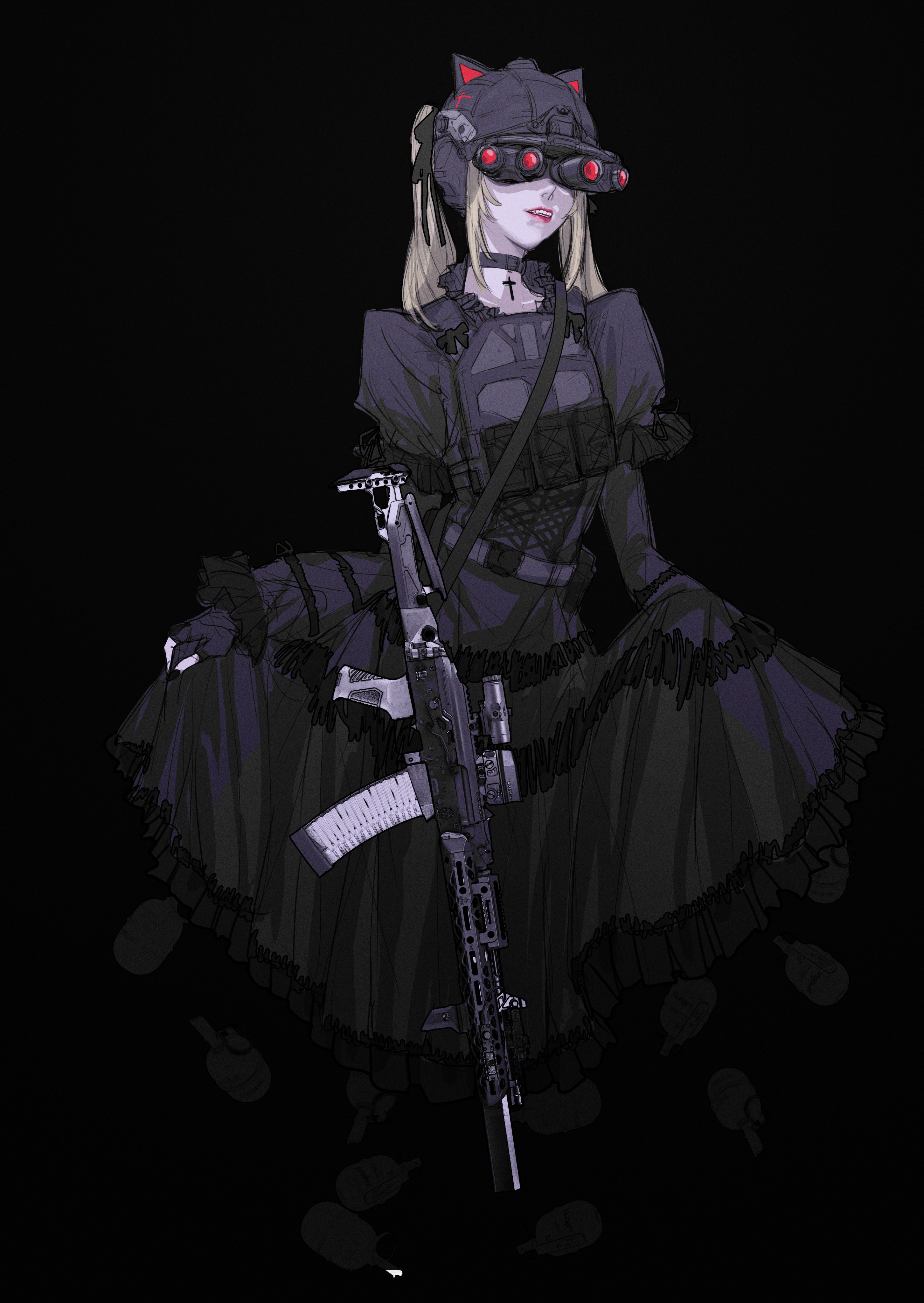 Safebooru - 1girl absurdres animal ears assault rifle belt black background black choker black ...