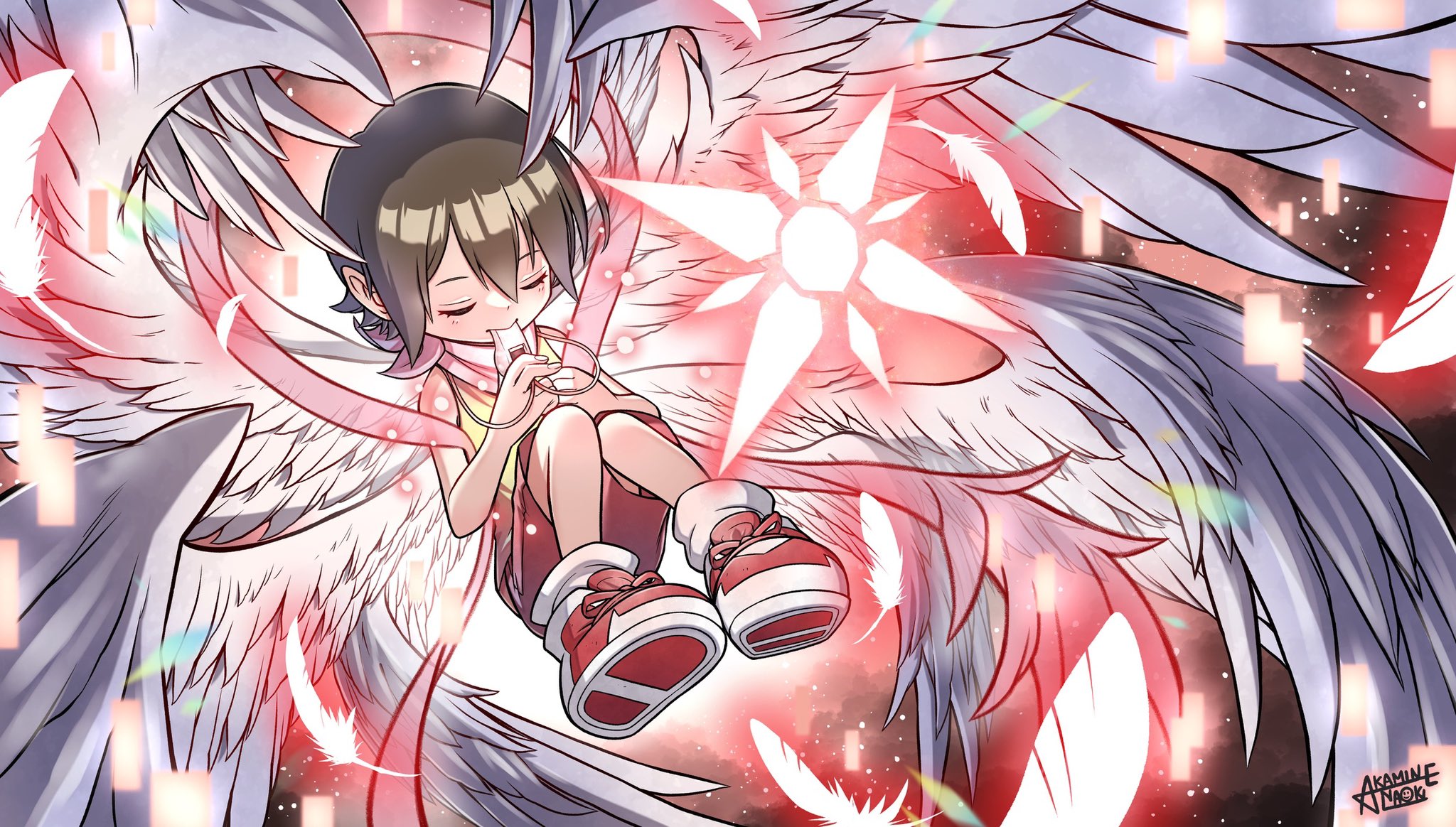 Safebooru - 1girl akamine naoki angel wings angewomon blowing whistle brown hair closed eyes ...